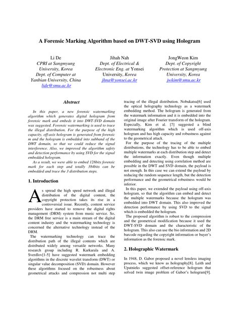 Pdf A Forensic Marking Algorithm Based On Dwt Svd Using Hologram