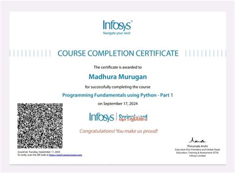 Madhura Murugan On Linkedin Exiting News I Have Completed A Python Programming Course In Infosys