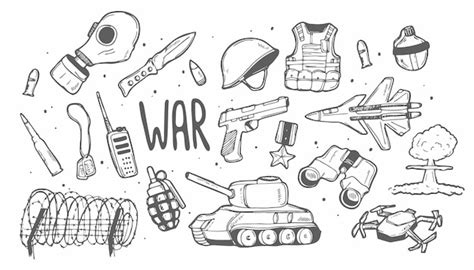 Doodle Military And War Set Sketch Ilustrações Do Conceito De Guerra