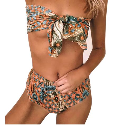 Women Swimwear Bandage Bikini Set Printed Pleated Bow Knot Bathing Suit