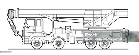 트럭 크레인의 벡터 윤곽선 크레인 측면 보기와 자동차 소년을위한 색칠 공부를위한 선형 도면 윤곽선 현대 플랫 벡터 일러스트레이션 외형선에 대한 스톡 벡터 아트 및 기타