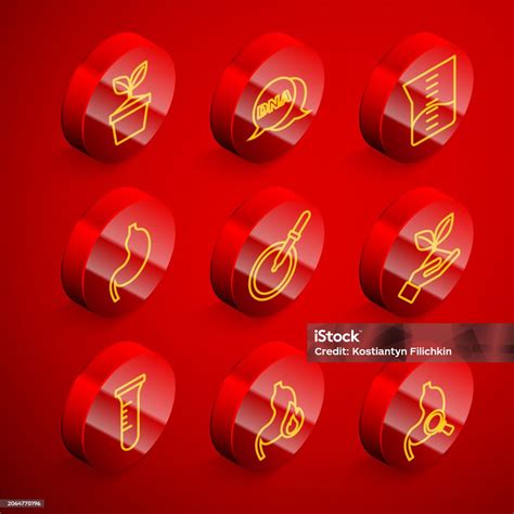 세트 라인 냄비에 식물 Dna 기호 실험실 유리 제품 또는 비커 인간의 위 피펫과 페트리 접시 손 시험관 플라스크 및 위 속 쓰림 아이콘 벡터 3차원 형태에 대한 스톡 벡터