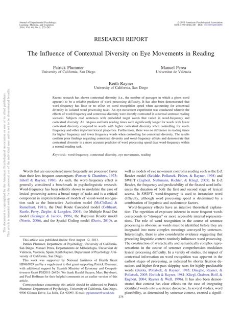 Pdf The Influence Of Contextual Diversity On Eye Movements In Reading