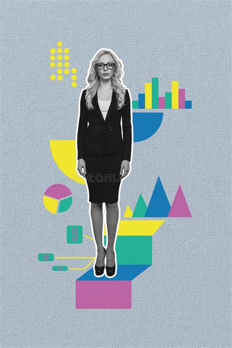 Vertical Image Collage Of Serious Businesswoman Stand Charts Diagram Interface Setting Graph