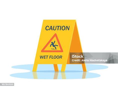 엎질러진 물의 한가운데에 젖은 바닥 경고 벡터 표시 노란 삼각형 와 떨어지는 남자 와 현대 평면 작풍 스타일 벡터 일러스트 레이 션입니다 미끄러짐 주의 표지판에 대한 스톡