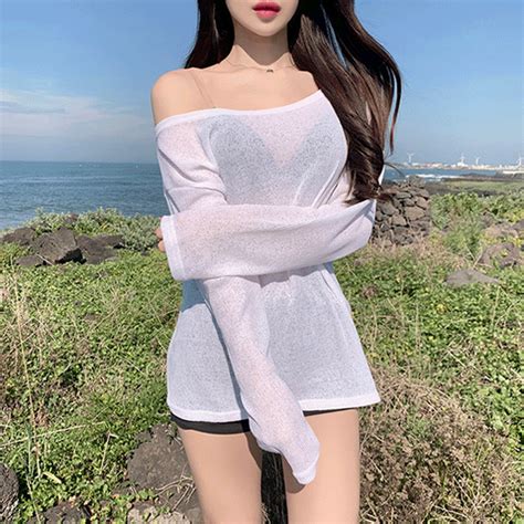 당일출고 수영복커버업 루즈핏 보트넥 오프숄더 시스루니트티 에이블리