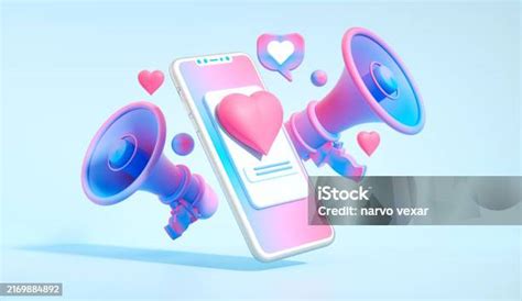 소셜 미디어 확성기 개념 3d 하트 아이콘과 확성기가있는 플로팅 폰 디지털 마케팅 3d 렌더링 Brand Name Online Messaging Platform에 대한 스톡
