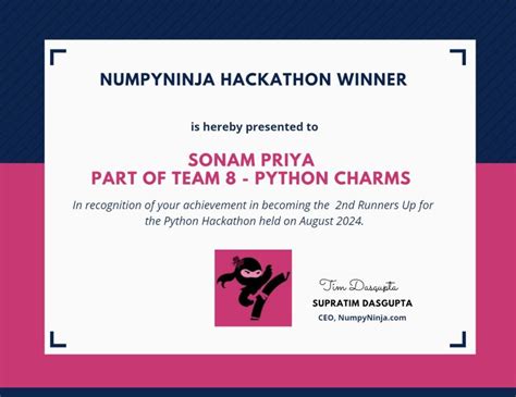 Numpy Ninja On Linkedin Congratulations Sonam Priya On Winning The Python Hackathon Held On July