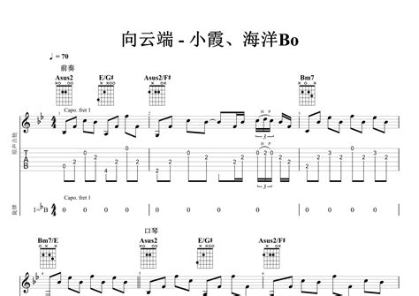 向云端吉他谱 小霞 海洋Bo A调吉他弹唱谱 石头音乐原版记谱 琴谱网