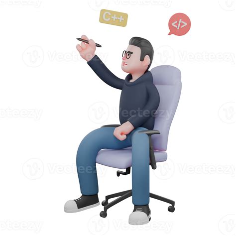 3d Tech Expert Programmer A Male Programmer Is Sitting On A Work Chair With His Right Hand