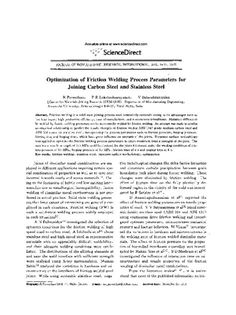 Pdf Optimization Of Friction Welding Process Parameters For Joining Carbon Steel And Stainless