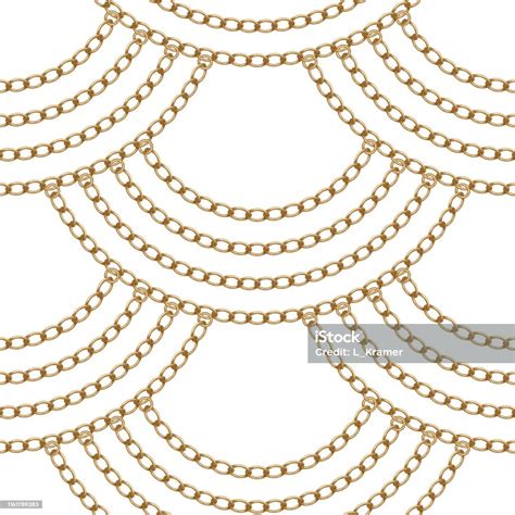 흰색 배경에 매달려 황금 체인과 반지 화환기와 기하학적 물결 매끄러운 패턴 팬 모양의 물결 모양의 실크 섬유 프린트 바틱 패션 장식 벽지 포장지 0명에 대한 스톡 벡터 아트