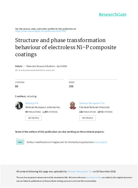 Pdf Structure And Phase Transformation Behaviour Of Electroless Ni P Composite Coatings