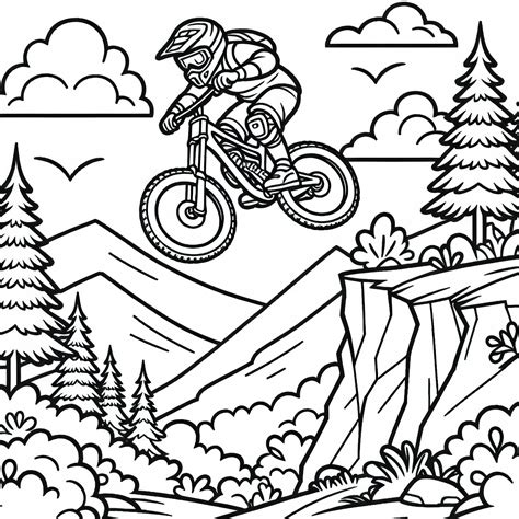 ダウンヒルマウンテンバイクで岩の突起を飛び越えるライダー 無料塗り絵