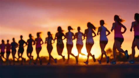 Blurred Silhouettes Group Of People Running Together At Sunset