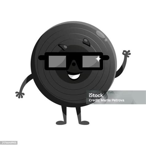 귀여운 만화 비닐 레코드 캐릭터가 선글라스를 입고 있습니다 비닐 디스크 축음기 레코드 마스코트 캐릭터 아이 같은 스타일 벡터 일러스트 레이 션 가공의 인물에 대한 스톡 벡터