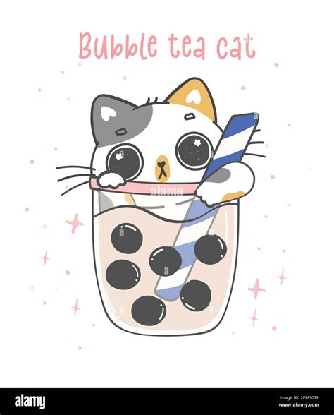 Kawaii Funny Calico Kitten Cat In Bubble Milk Tea Cup Bubble Tea Cat
