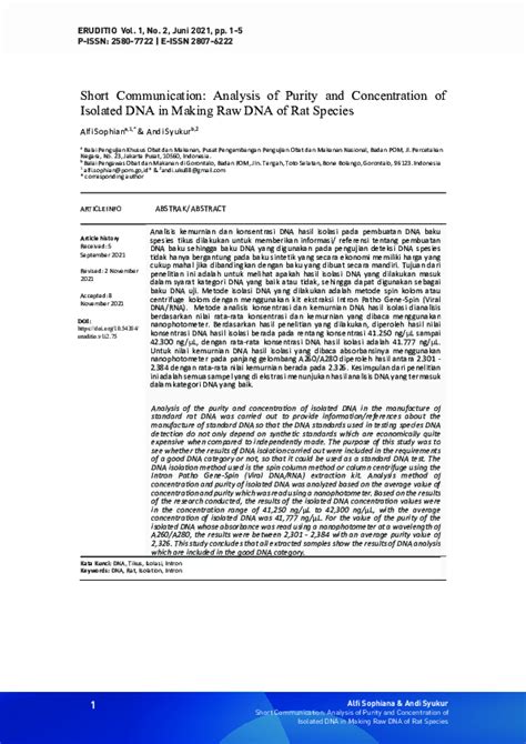 Pdf Analysis Of Purity And Concentration Of Isolated Dna In Making
