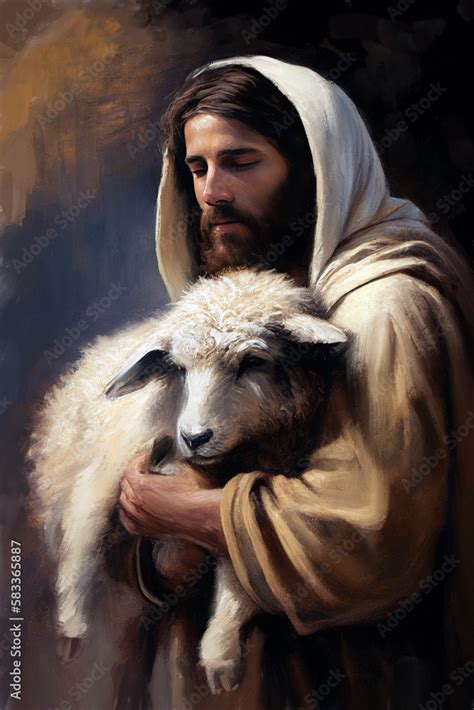 Jesus Christ Son Of God Holding A Lamb In His Hands Symbol Of