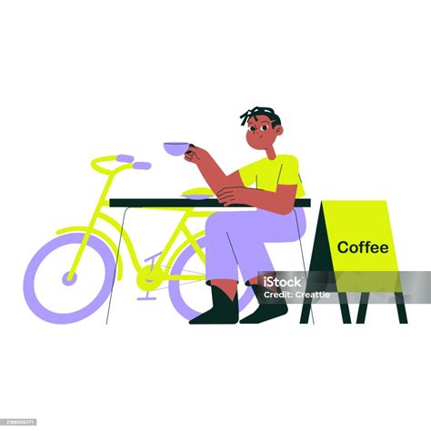 남성 사이클리스트 마시는 커피 에서 휴식 야외 활동 그리고 카페 문화를 상징하는 평면 벡터 일러스트 레이 션 흰색 배경에 고립되어 있습니다 길거리 음식에 대한 스톡 벡터