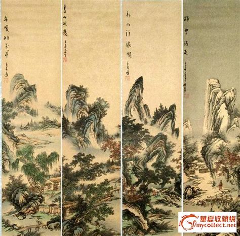 仿古山水四条屏国画 大山谷图库