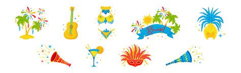 브라질 카니발 밝은 기호와 요소 손바닥과 깃털 드레스 벡터 세트 0명에 대한 스톡 벡터 아트 및 기타 이미지 0명 개체