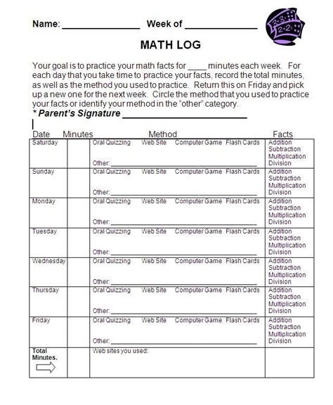 Math Fact Homework Practice Log