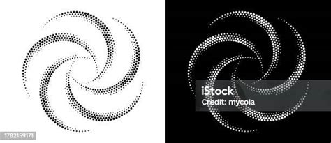 현대 추상 배경입니다 원 형태의 하프톤 도트 둥근 로고 디자인 요소 또는 아이콘 벡터 점선 프레임입니다 흰색 바탕에 검은색 인물과 검은색 면에 똑같이 흰 인물이 있습니다