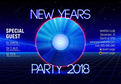 Dj 및 복고풍 80 년대 네온 스타일 풍경을위한 비닐 Lp가있는 신년 파티 초대 포스터 또는 전단지 템플릿 Psd 다운로드 디자인 자료 다운로드