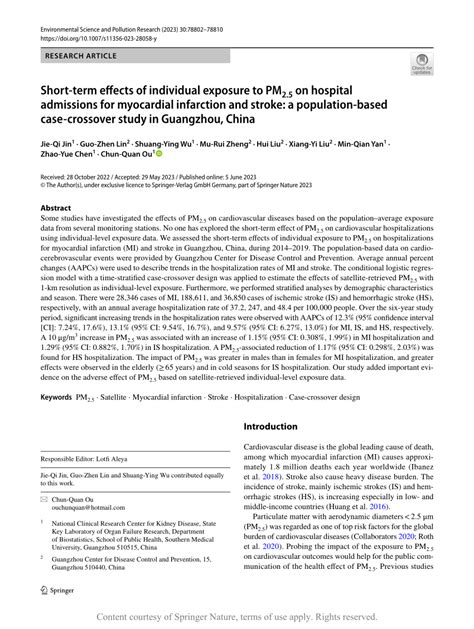 Short Term Effects Of Individual Exposure To Pm2 5 On Hospital Admissions For Myocardial