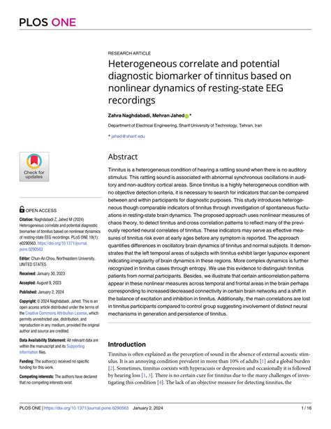 Pdf Heterogeneous Correlate And Potential Diagnostic Biomarker Of Tinnitus Based On Nonlinear