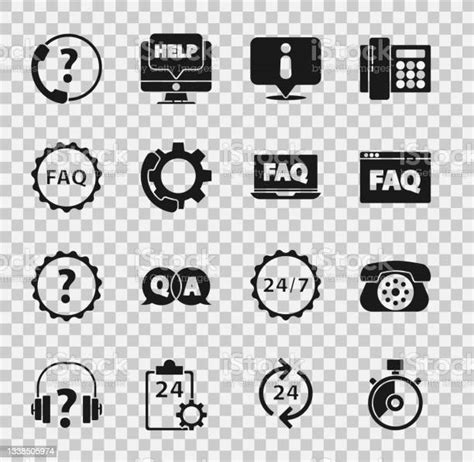 스톱워치 전화 브라우저 Faq 정보 24시간 지원 텍스트 라벨 랩톱 및 아이콘을 설정합니다 벡터 24에 대한 스톡 벡터 아트 및