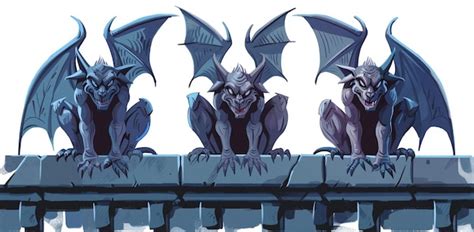 Tres Gárgolas De Dibujos Animados Sentadas En La Parte Superior De Una Pared De La Catedral En