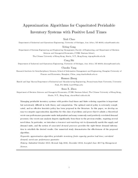 Pdf Approximation Algorithms For Capacitated Perishable Inventory Systems With Positive Lead Times