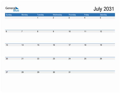 Editable Calendar Template For July 2031