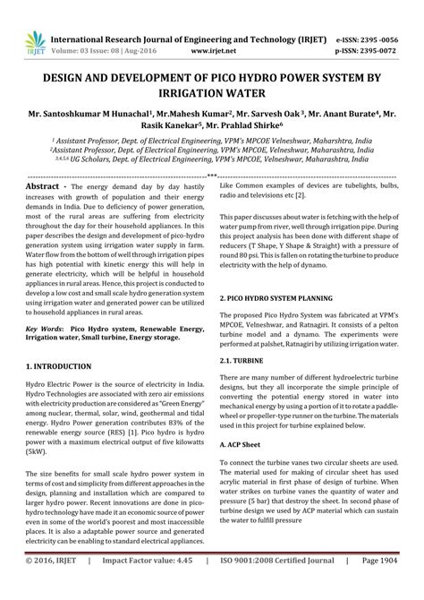 Pdf Design And Development Of Pico Hydro Power System By Irrigation Water