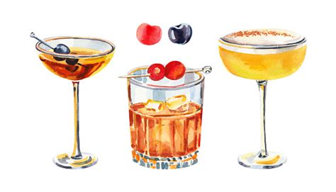 흰색 배경에 수채화 손으로 그린 여름 아페리티프 칵테일 유리 간단한 스케치 그림 세트 칵테일에 대한 스톡 벡터 아트 및 기타