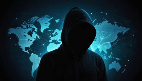 Premium AI Image Mysterious Hacker In Front Of Digital World Map