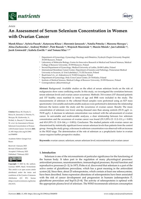 Pdf An Assessment Of Serum Selenium Concentration In Women With Ovarian Cancer