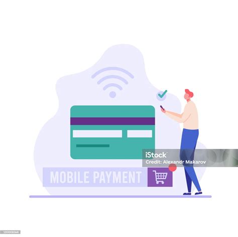 남자는 비접촉식 신용 카드로 지불합니다 온라인 모바일 결제 및 뱅킹 서비스 국제 송금 전자 상거래의 개념 웹 배너를 위한 플랫 디자인의 벡터 일러스트레이션 개념에 대한 스톡