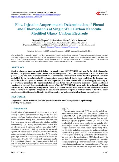 Pdf Flow Injection Amperometric Determination Of Phenol And Chlorophenols At Single Wall