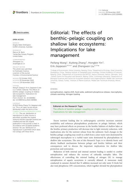 Pdf Editorial The Effects Of Benthic Pelagic Coupling On Shallow Lake Ecosystems