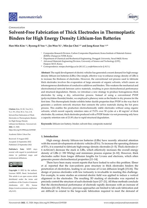 Pdf Solvent Free Fabrication Of Thick Electrodes In Thermoplastic Binders For High Energy
