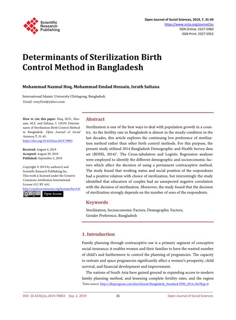 Pdf Determinants Of Sterilization Birth Control Method In Bangladesh