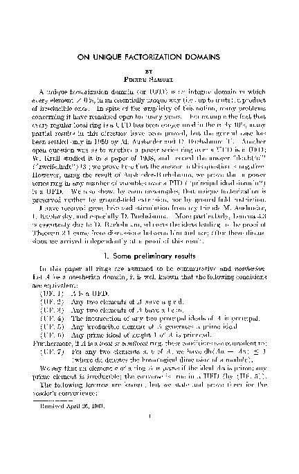 Pdf On Unique Factorization Domains