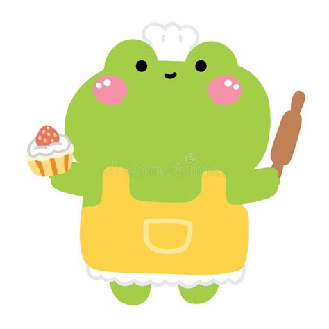 Cute Frog Hold Strawberry Cupcake And Rolling Pin Cooking Bakery Sweet