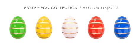 녹색 노란색 흰색 빨간색 파란색 색상의 부활절 달걀 세트 금색 줄무늬가 있는 반짝이는 부활절 달걀 흰색 배경에 격리된 현실적인 달걀 껍질 부활절 디자인 장식 3d 벡터
