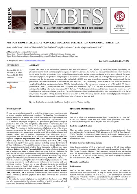 Pdf Phytase From Bacillus Sp Strain La12 Isolation Purification