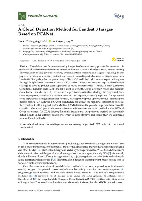 Pdf A Cloud Detection Method For Landsat 8 Images Based On Pcanet