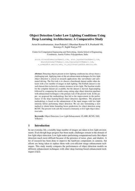 Pdf Object Detection Under Low Lighting Conditions Using Deep Learning Architectures A